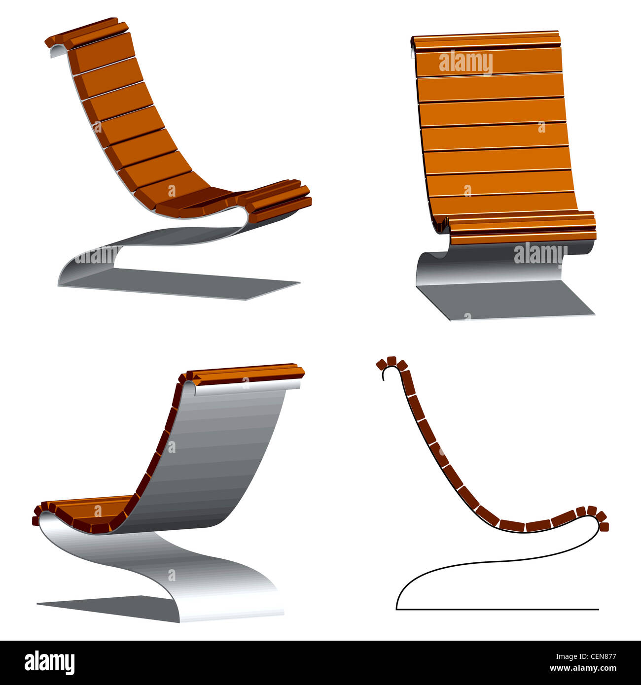 wooden 3d chairs with steel frames against white background, abstract ...
