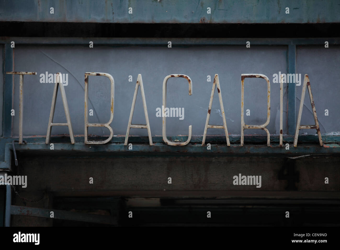 Old style metal graphic sign "Tabacaria" tobacconist, Lisbon, Portugal ...
