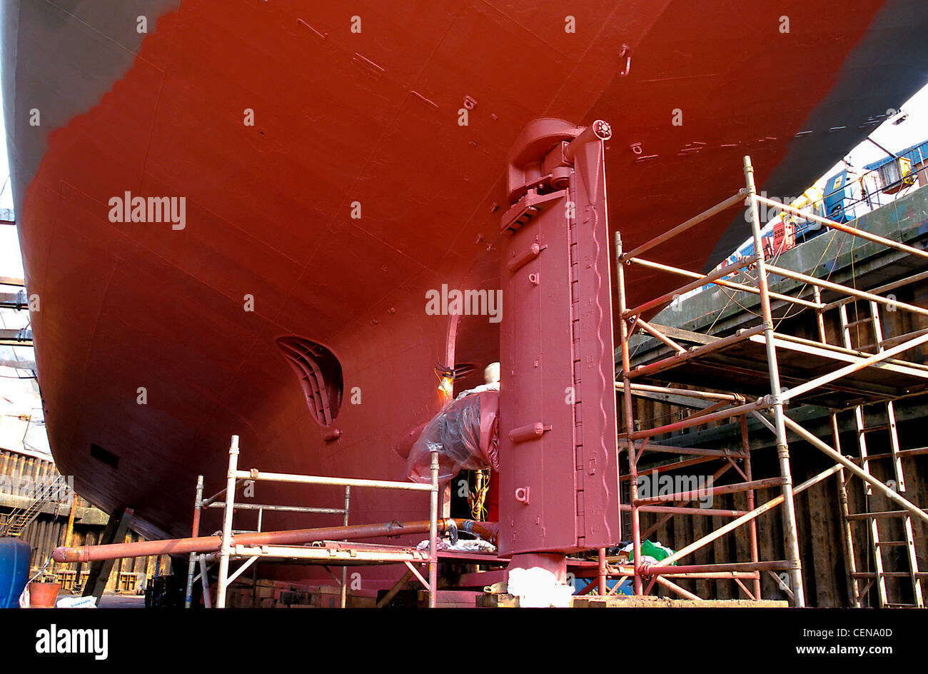 Ship's rudder with the ship in shipyard drydock facilities. Scotland UK ...