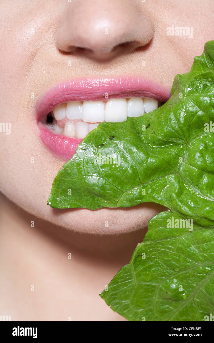 Female wearing pink lipstick, holding lettuce leaf between teeth Stock ...