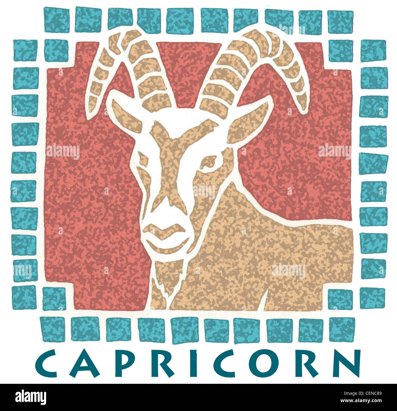 Star sign Capricorn aqua blue mosaic border illustration of a goat ...