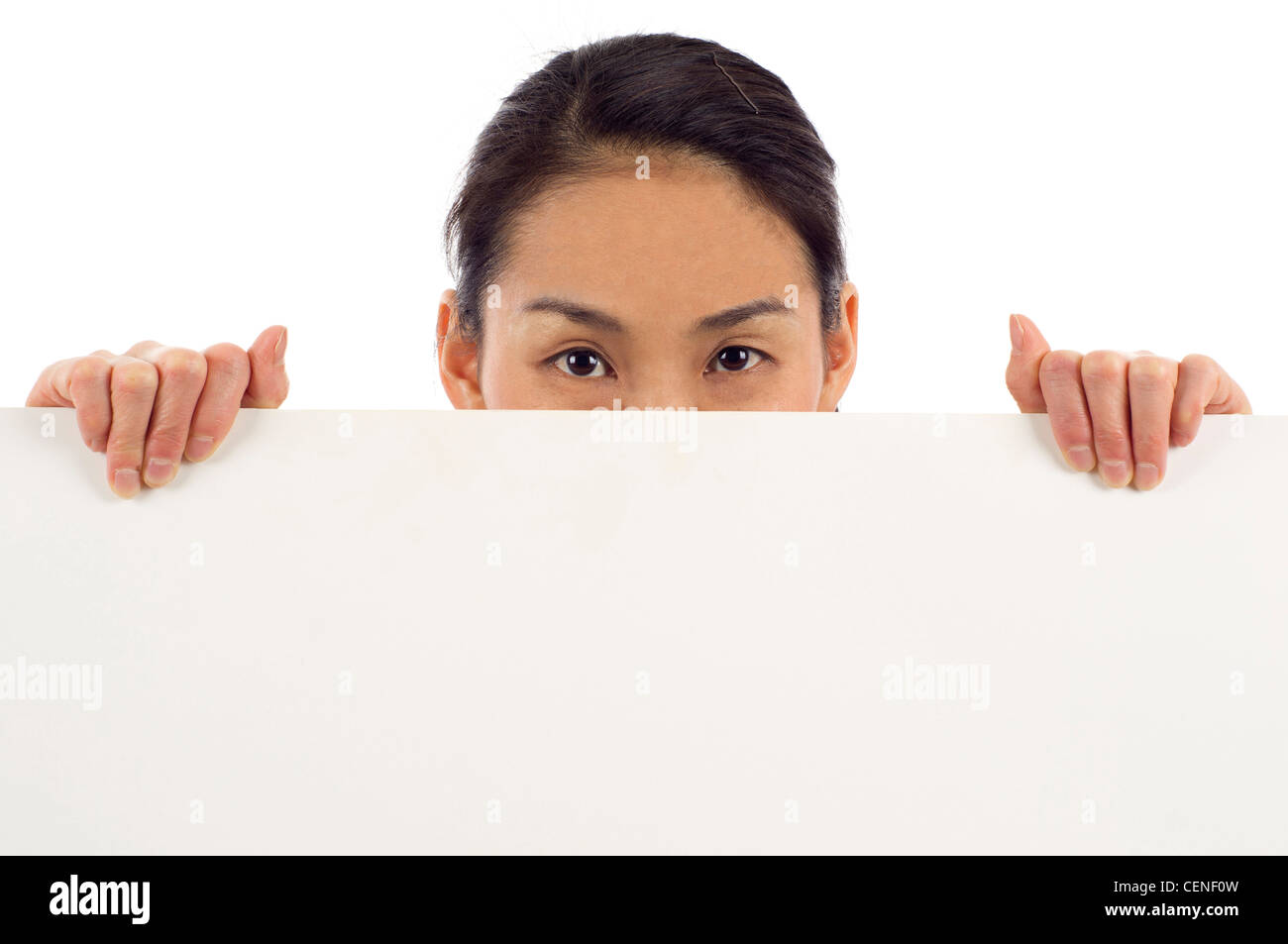 Billboard woman looking over sign isolated over white background Stock ...
