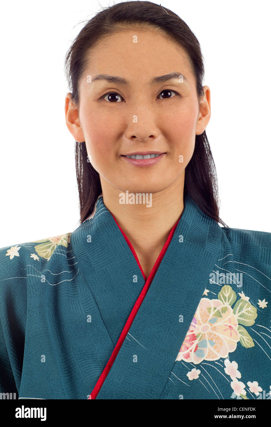 Closeup portrait of smiling Japanese kimono woman isolated over white ...