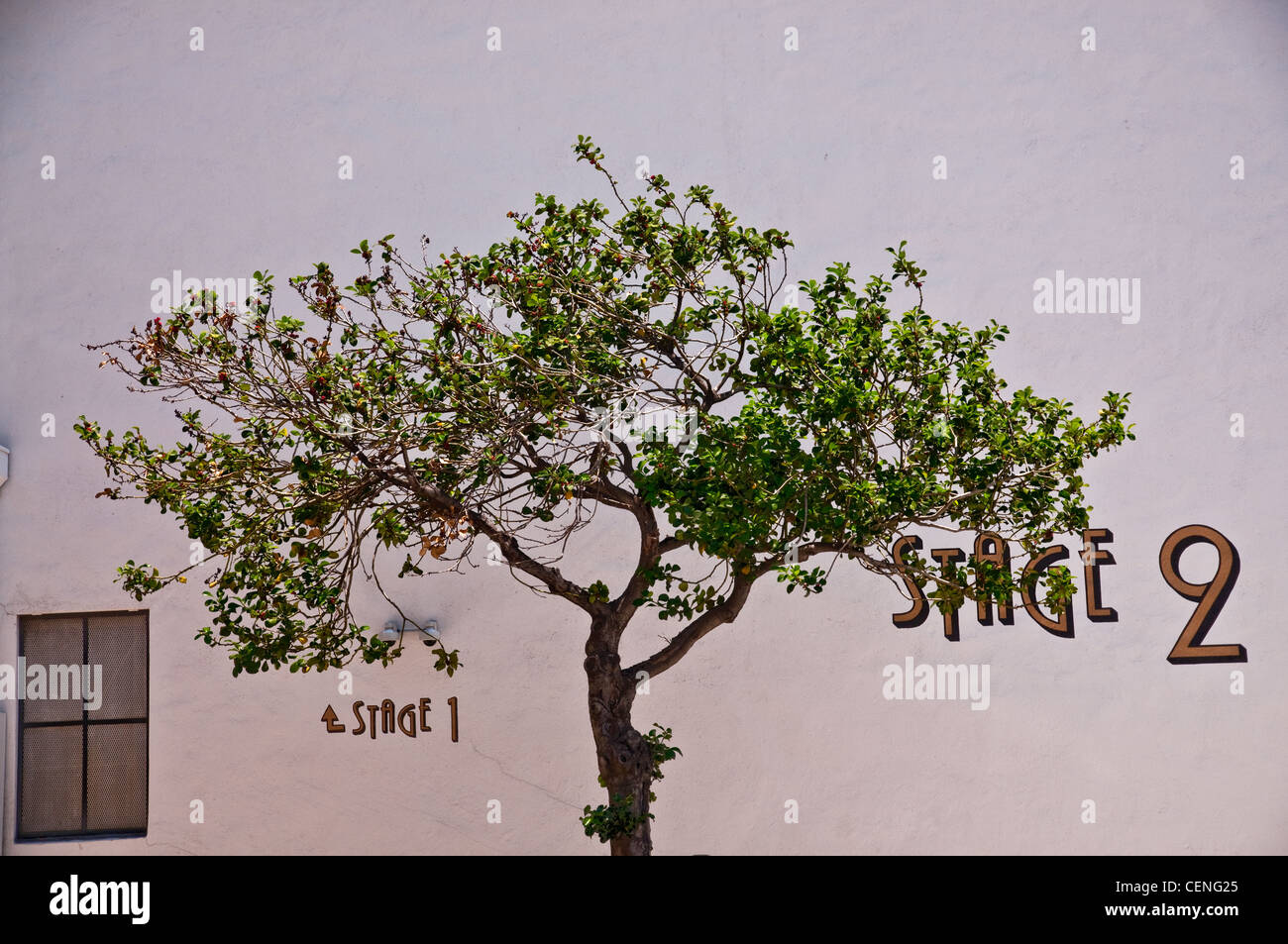 Los Angeles building exterior with Stage 1 and 2 written outside Stock ...