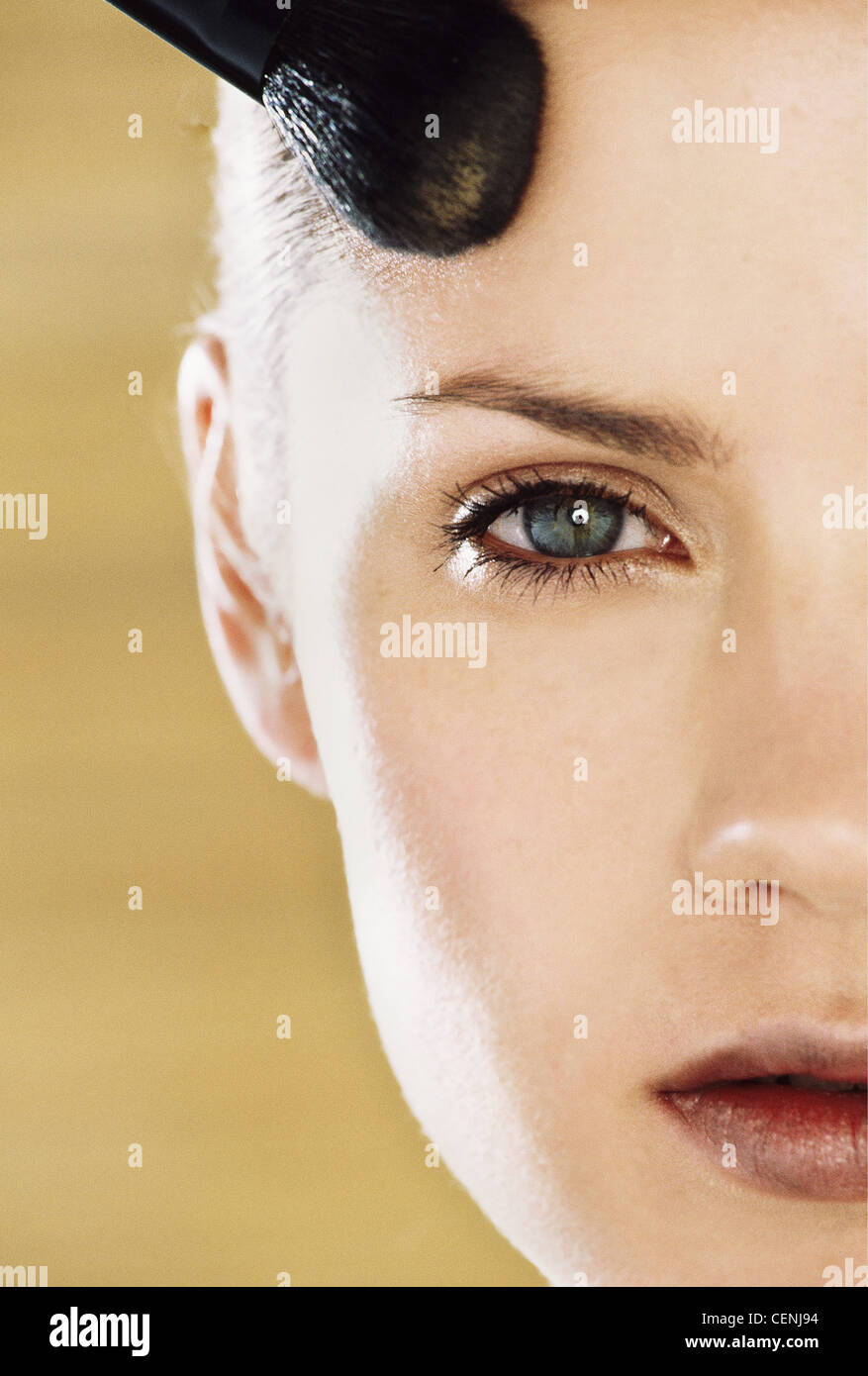 Cropped face of female applying powder to forehead large make up brush ...