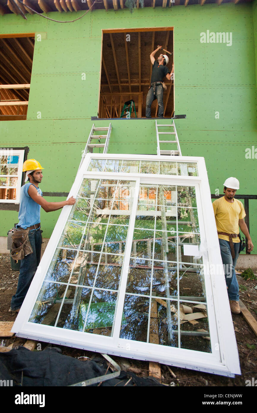 Hispanic carpenters preparing to Hoist, Window frame to second floor ...