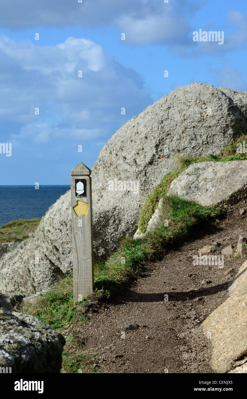 Waymark Post on the South West Coast Path near Sennen Cove, Penwith ...