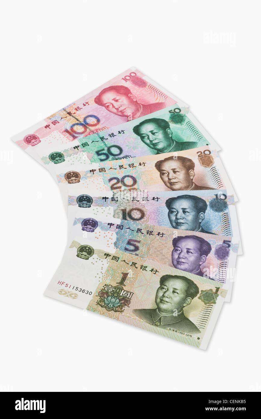 A Set of Yuan bills with the portrait of Mao Zedong lying side by side ...