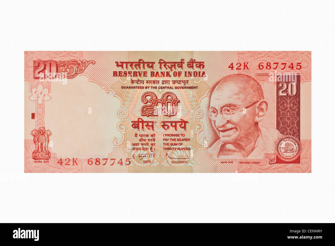 Indian 20 rupee bill with the portrait of Mahatma Gandhi. India, Asia ...