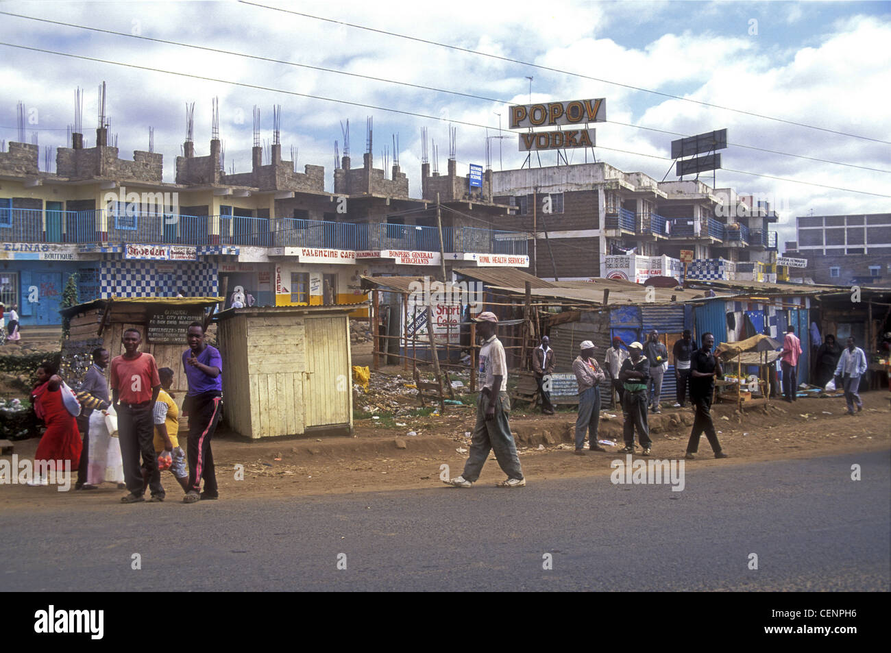 Third world street scene in Meru District Kenya showing shanty shops ...