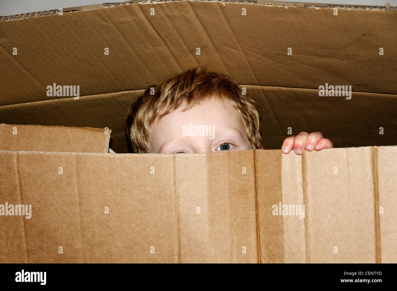 A boy playing in a cardboard box Stock Photo - Alamy