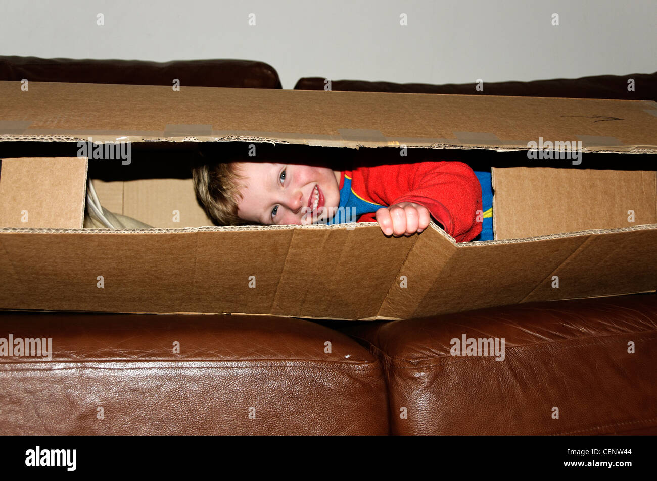 A boy playing in a cardboard box Stock Photo - Alamy