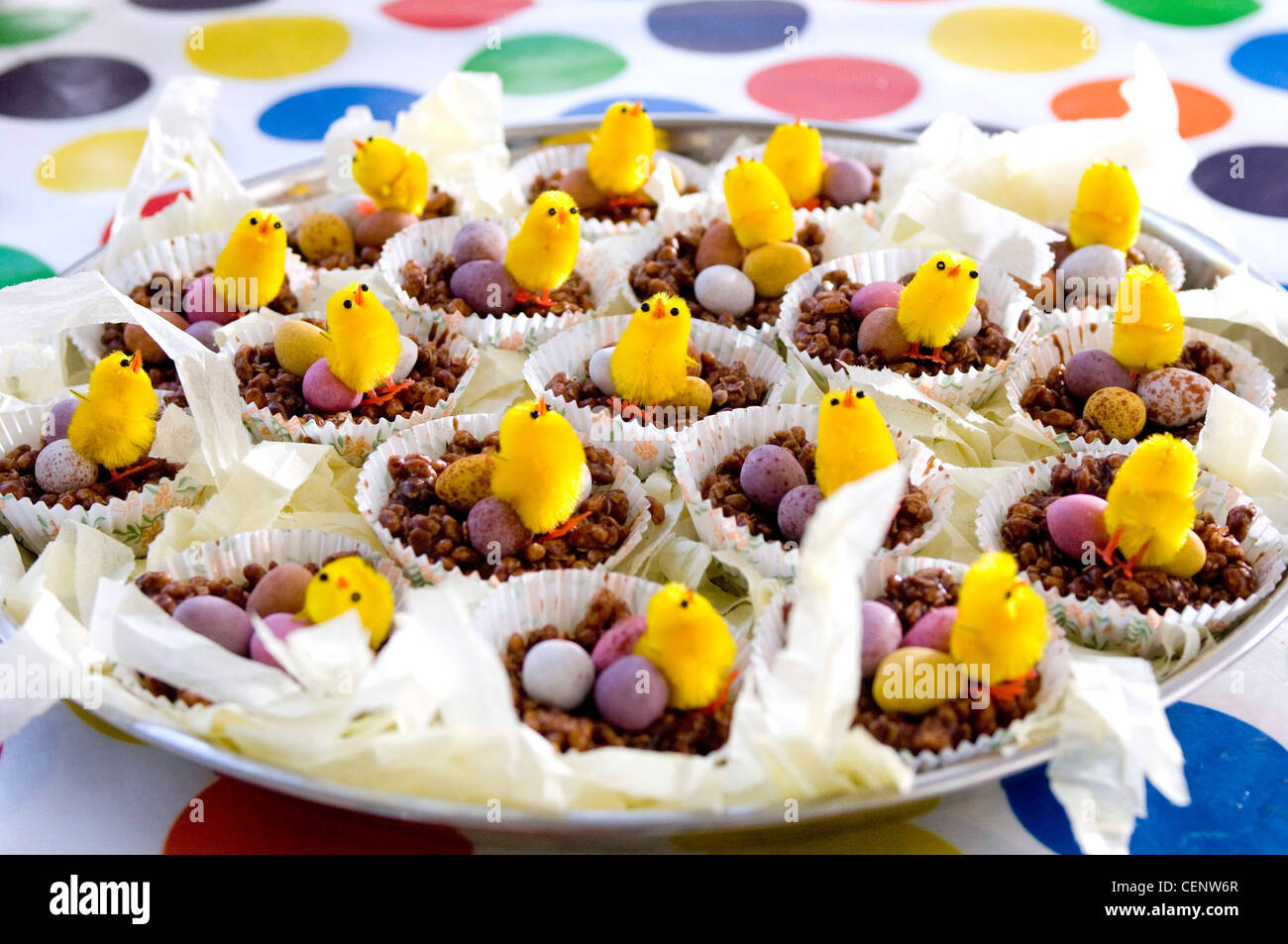 Easter nest rice crispy cakes with Easter chicks and chocolate eggs ...