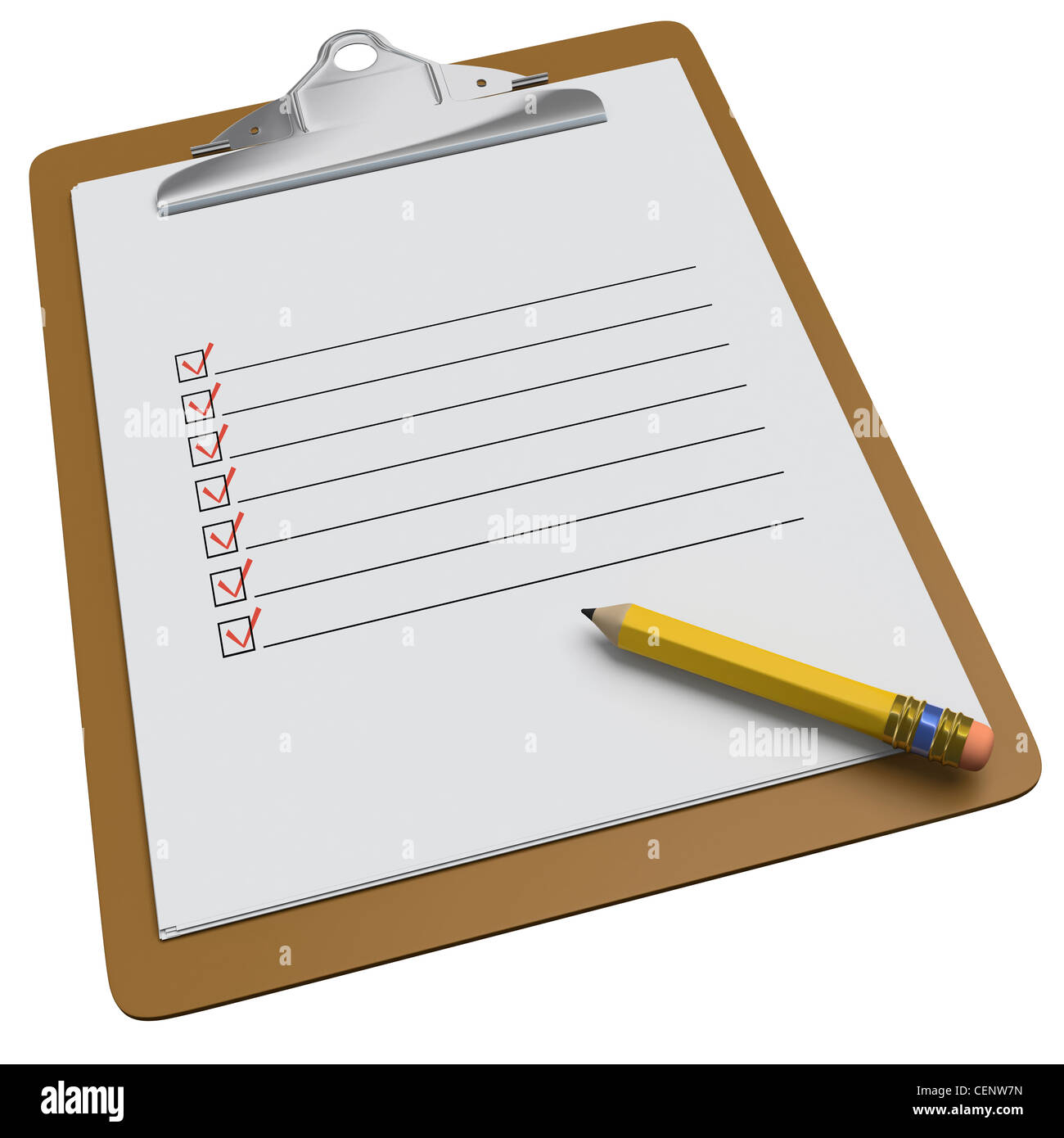 Clipboard with lines and check boxes and stubby pencil on white ...