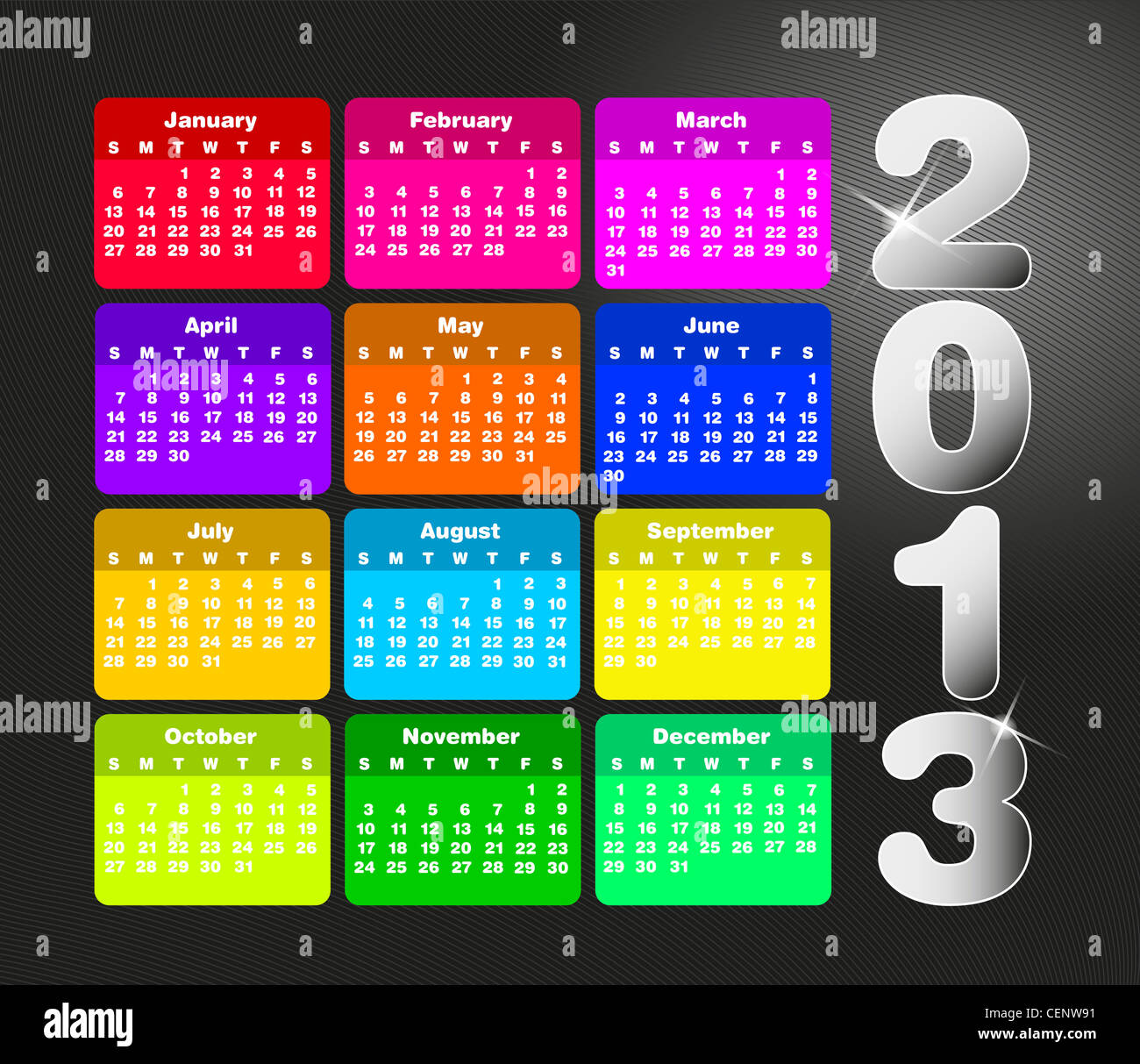 Colorful calendar for 2013. Week starts on sunday Stock Photo - Alamy