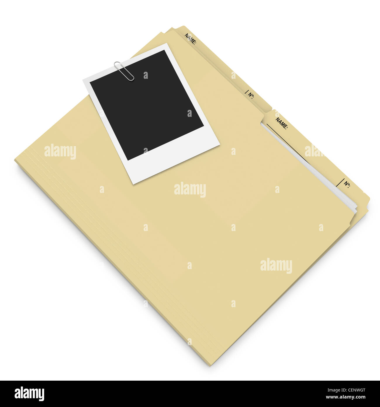 Manila folder with attached polaroid photo on white background Stock ...
