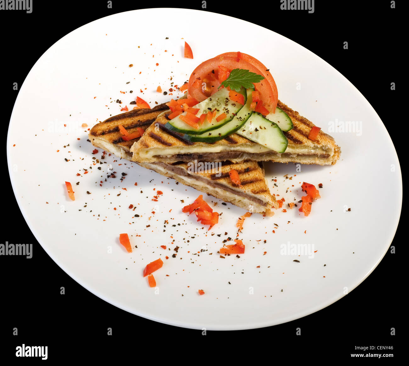 Toasted Triangular Sandwiches on White Plate Isolated on Black ...