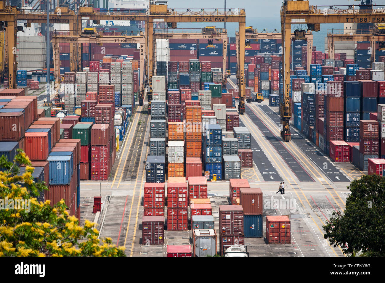Shipping containers are seen stacked at the Port of Singapore Stock ...
