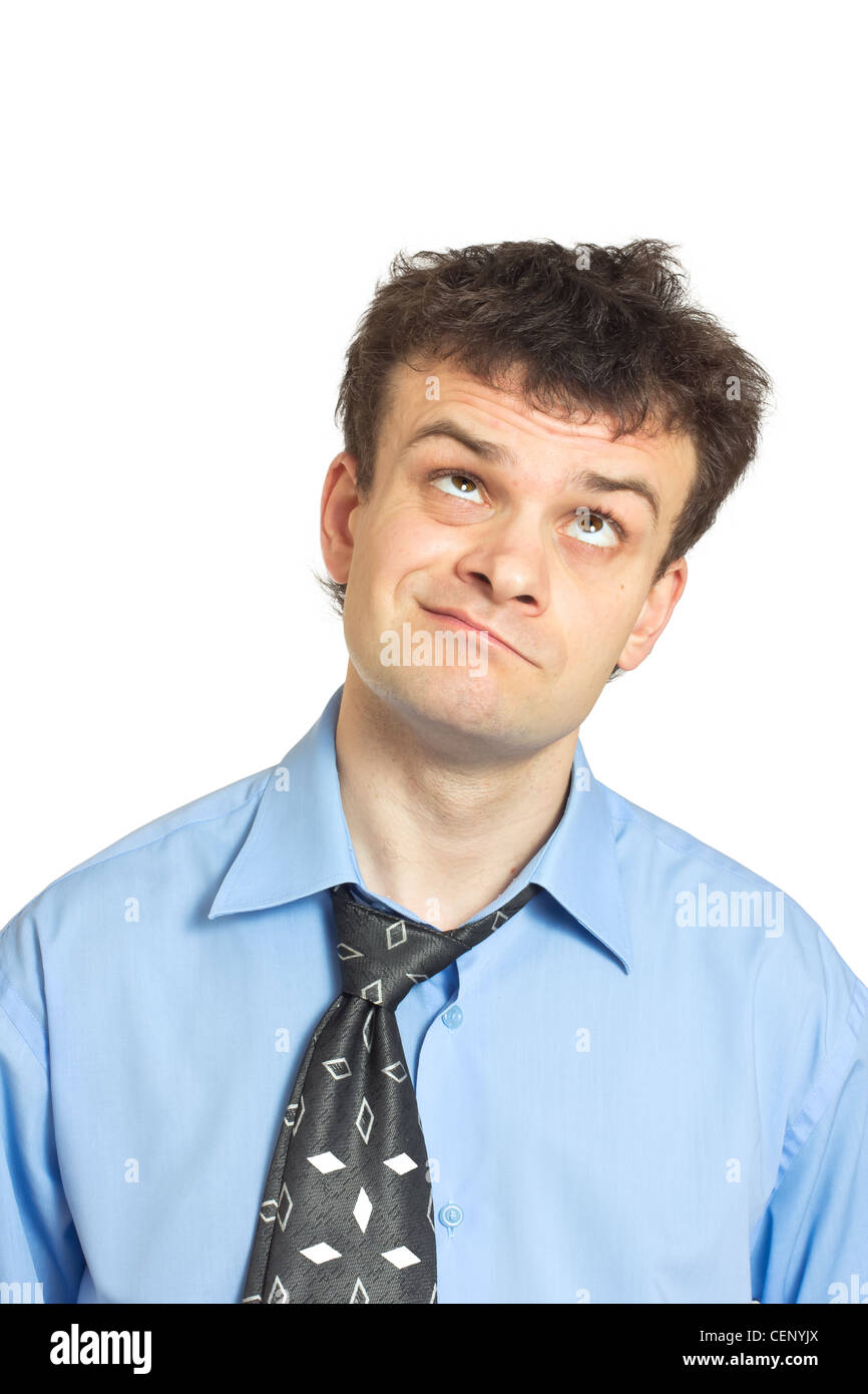 A portrait of a young comic businessman lost in thoughts over white ... A portrait of a young comic businessman lost in thoughts over white ...