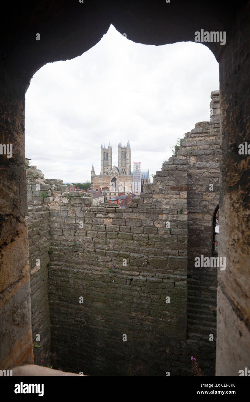 Lincoln city, Lincolnshire Cathedral through arch in castle walls ...