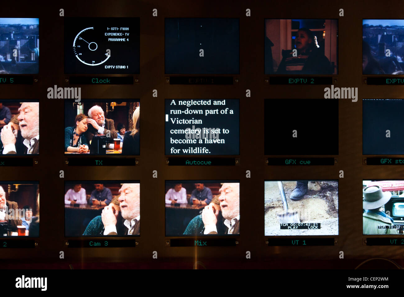 Bank of television screens at a recording studio showing the ITV1 ...