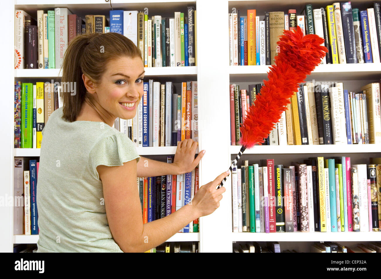 Female cleaning bookcase with fluffy duster Stock Photo - Alamy