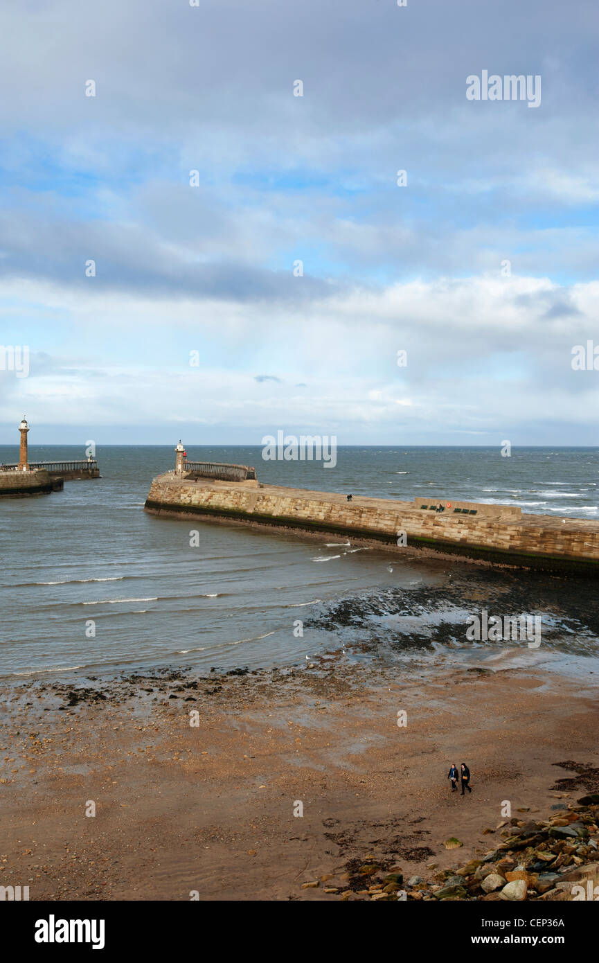 Whitby Coastline including Pier in North Yorkshire England Stock Photo ...