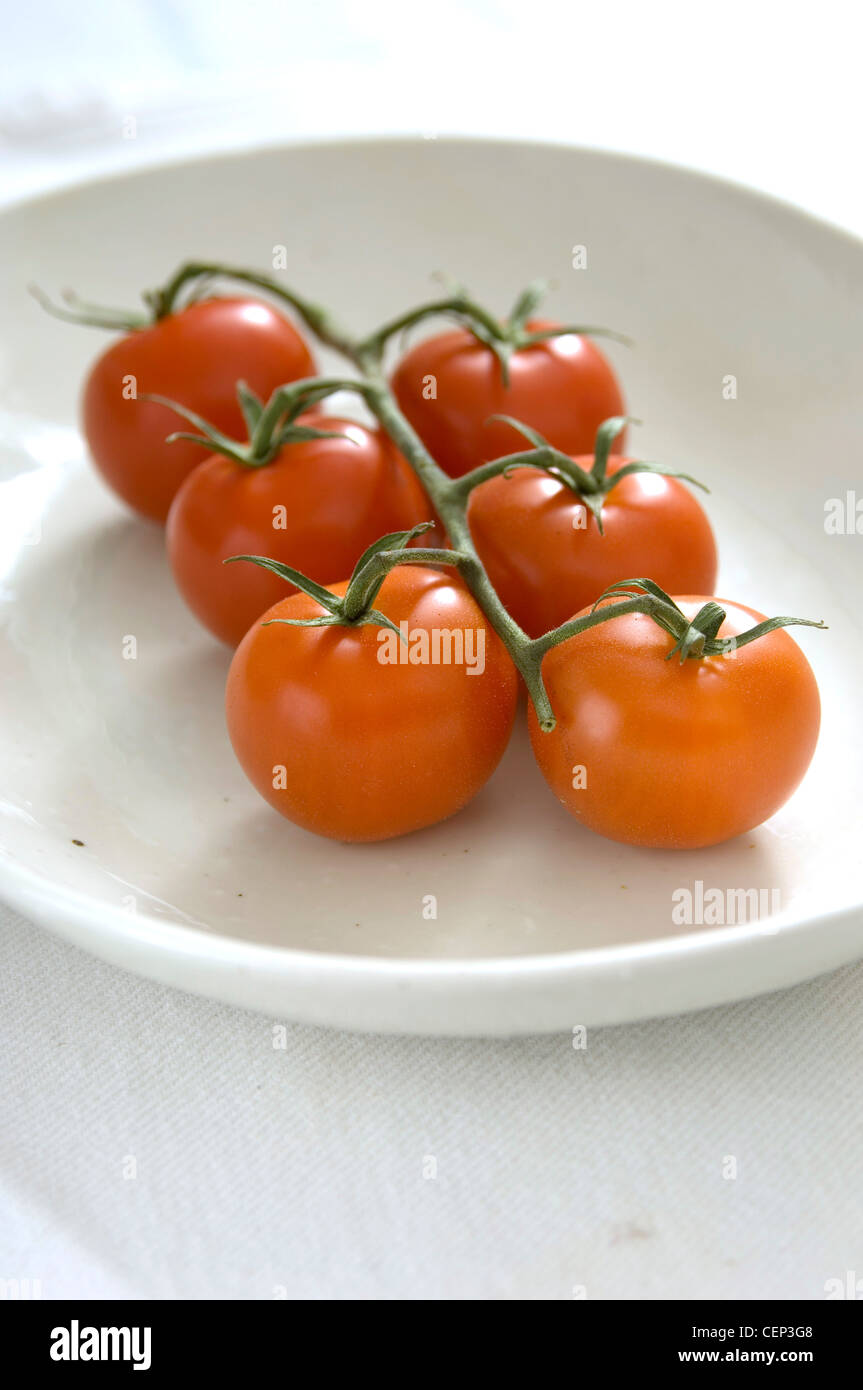 Six tomatoes on a vine, on a white plate, on a white background Stock ...