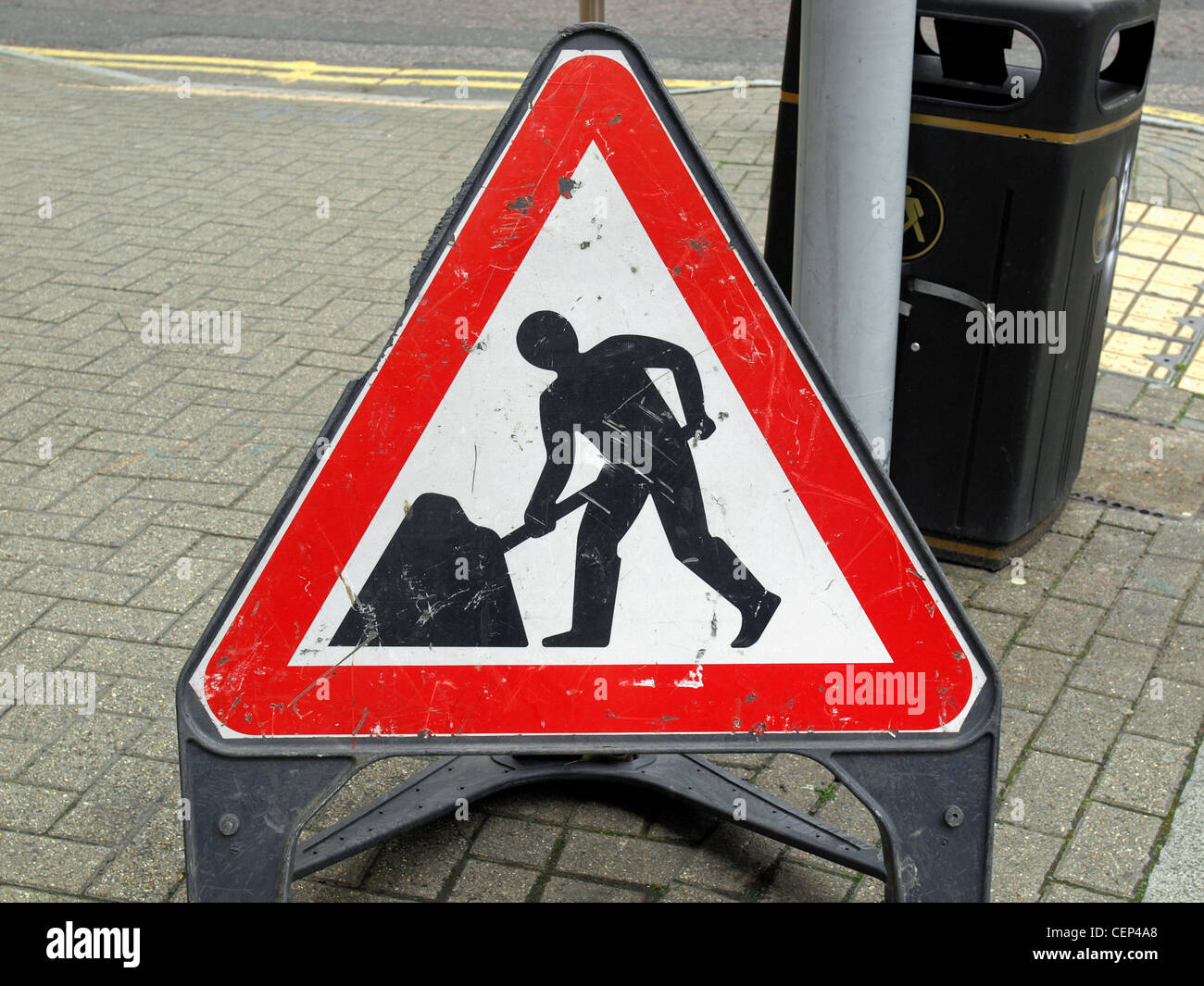 Road works sign for construction works in street Stock Photo - Alamy