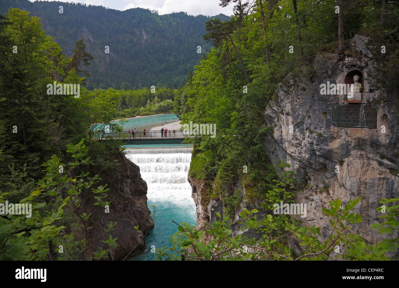 Lechfall and gorge Füssen, Bavaria, Germany. Bust of King Maximilian II ...
