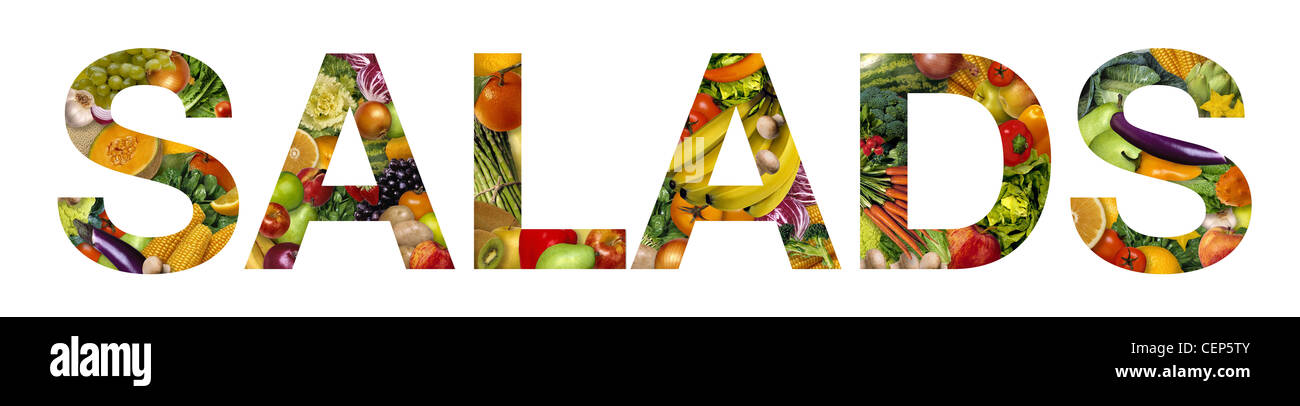 Fruit and vegetables spelling the word salads Stock Photo - Alamy