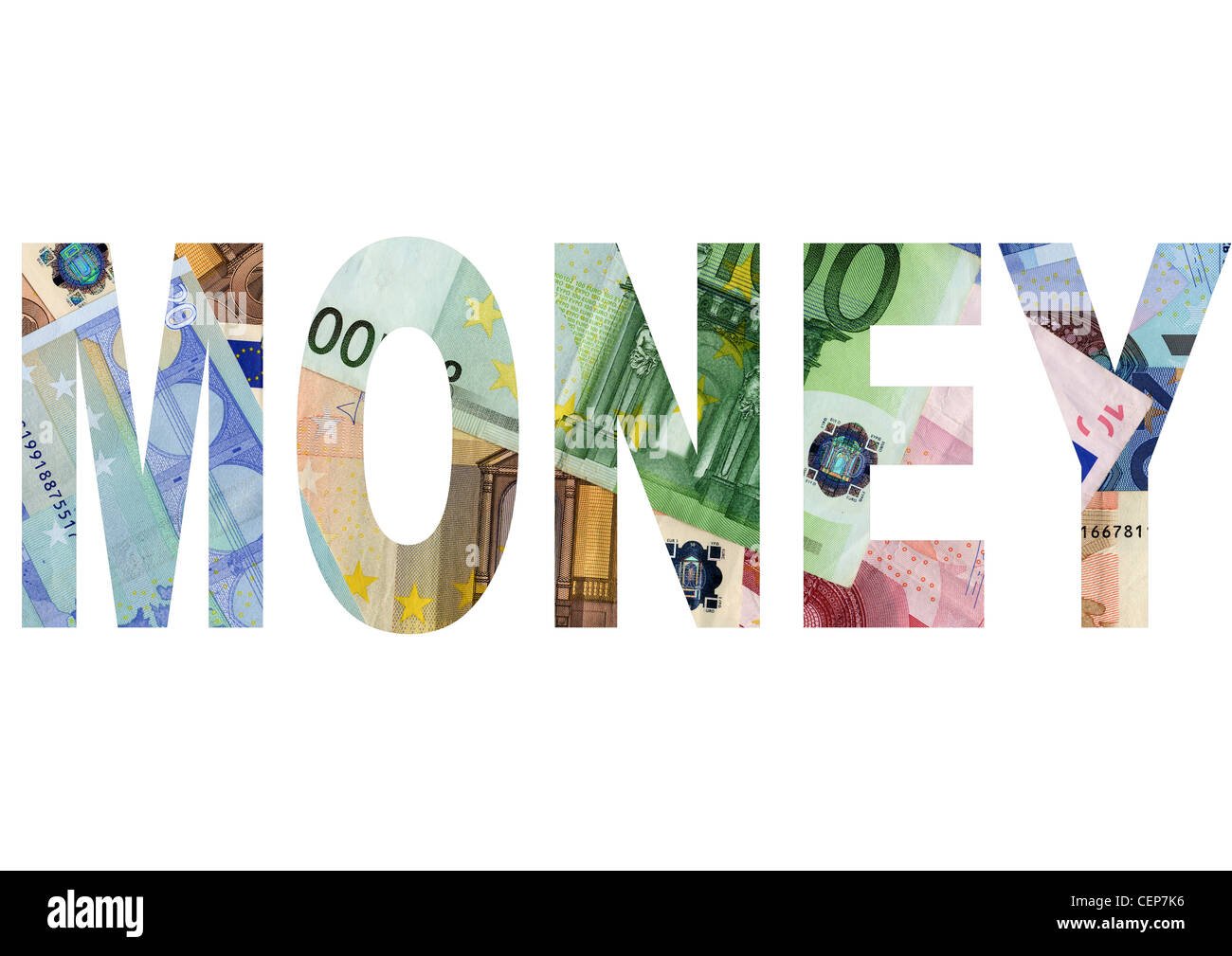 Money text written with Euro bank notes Stock Photo - Alamy