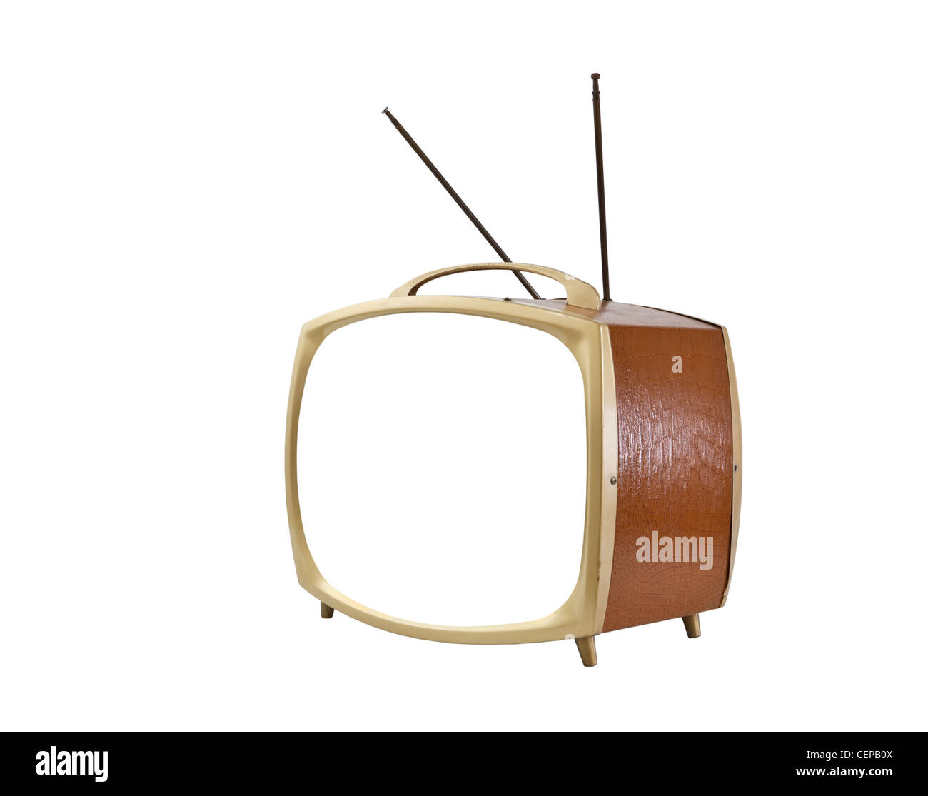 1950's portable television with blank screen and antennas up isolated ...