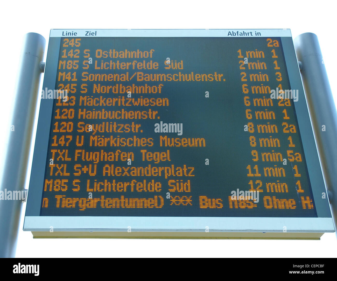 Timetable display screen of arrivals and departures at station or ...