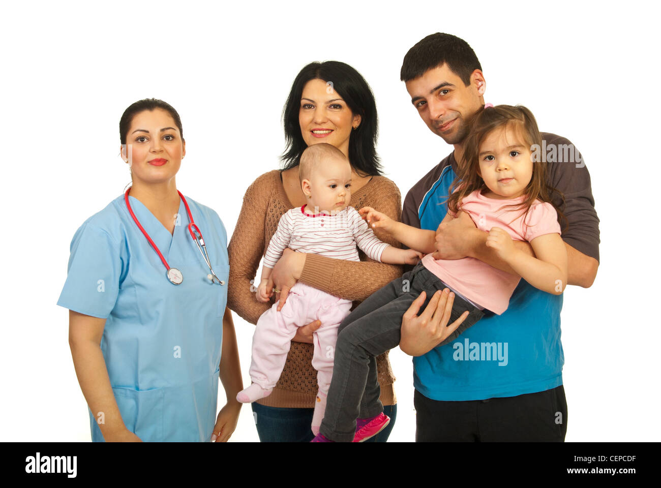 Doctor woman with happy full family of mother,father and two daughters ...