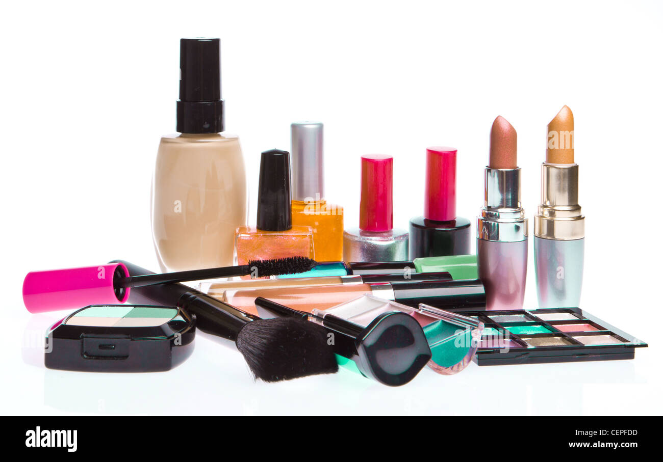 set of makeup products isolated on white background Stock Photo - Alamy