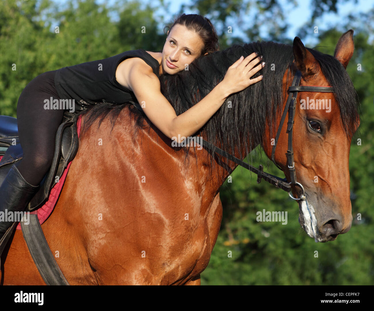 Pretty girl and her brown showjumping horse Stock Photo - Alamy