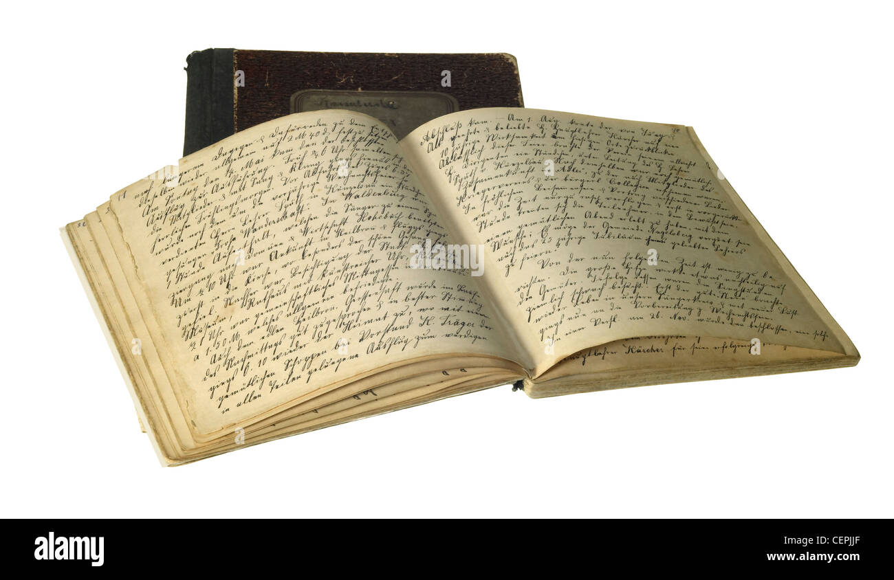 studio photography of two old handwritten yellowed books isolated on ...