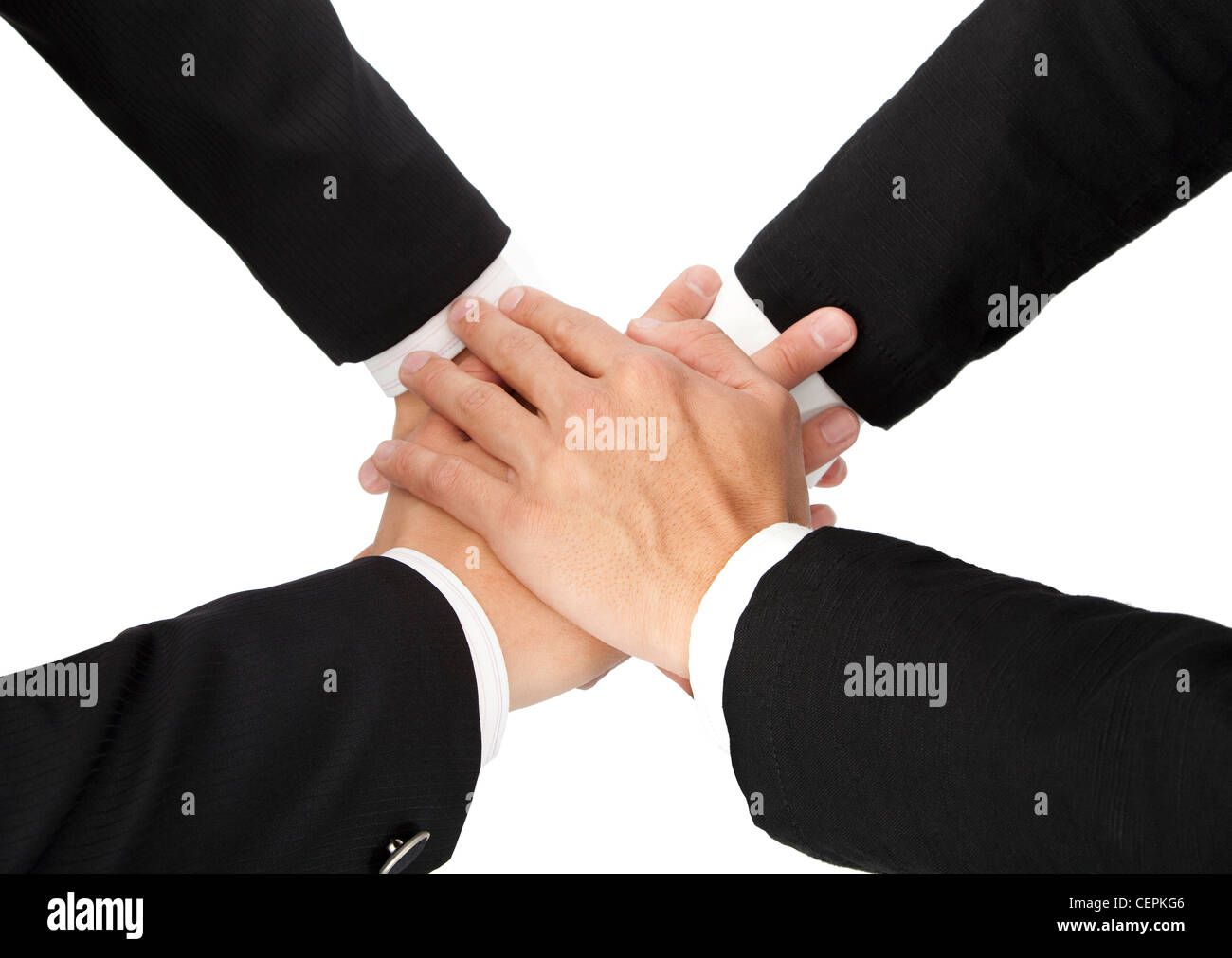 stacked hands of two businessman isolated on white Stock Photo - Alamy