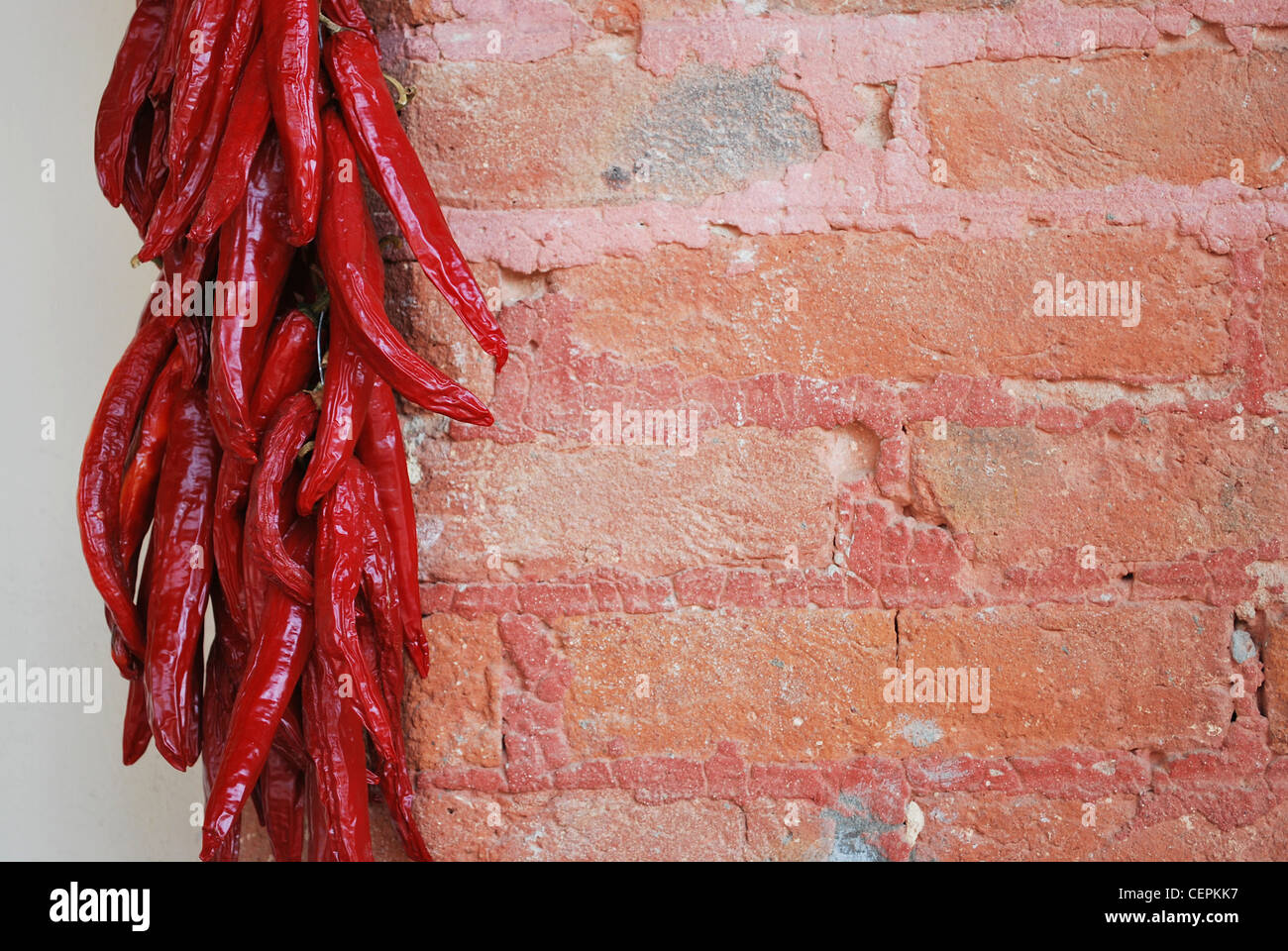 Red hot peppers hanging on the wall, free copy space on the right Stock ...