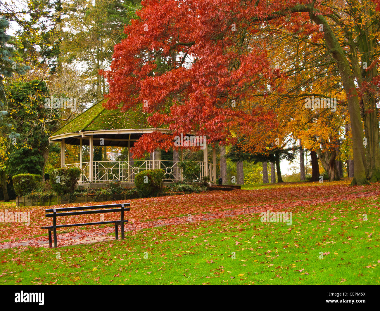 Band stand in Stratford Park in autumn in Stroud, Gloucestershire, UK ...