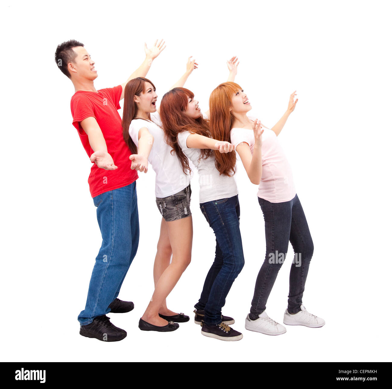 group of young people standing in a row isolated on white background ...