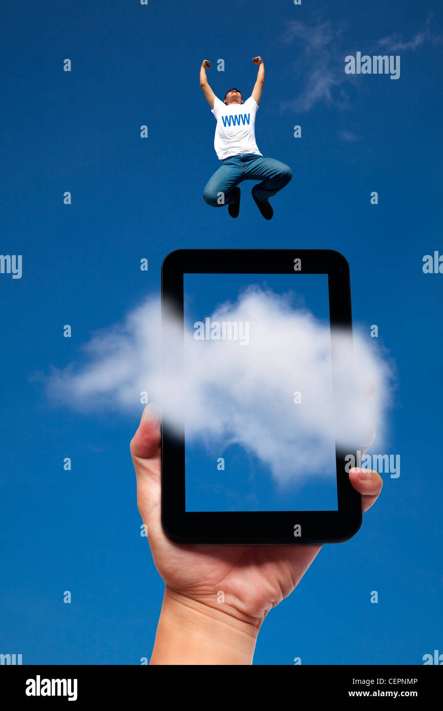 cloud computing concept. happy man jumping on the cloud and hand ...