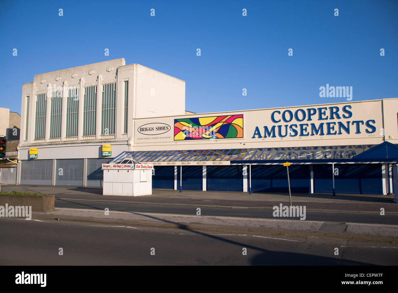 An Art Deco building and a closed Amusements arcade in Morecambe Bay ...