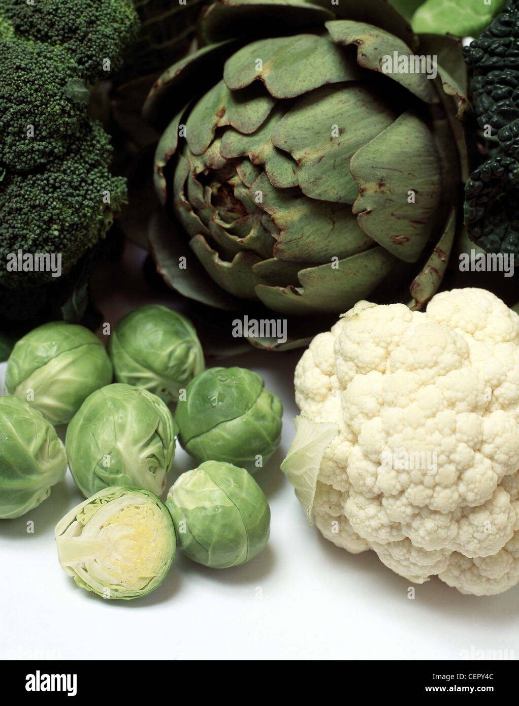 Detail of selection of vegetables: brussel sprouts cauliflower broccoli ...