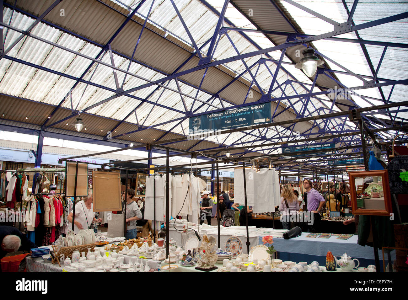 Antique stalls inside Greenwich Market Stock Photo - Alamy