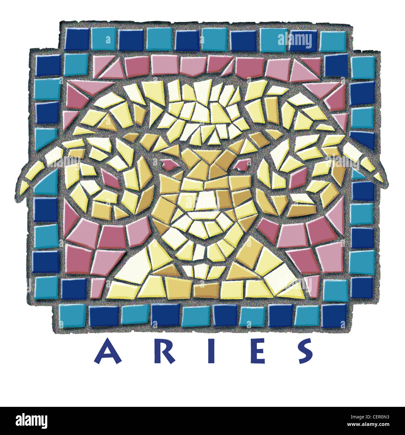 Star sign Aries Mosaic illustration of gold ram curly horns pink eyes ...
