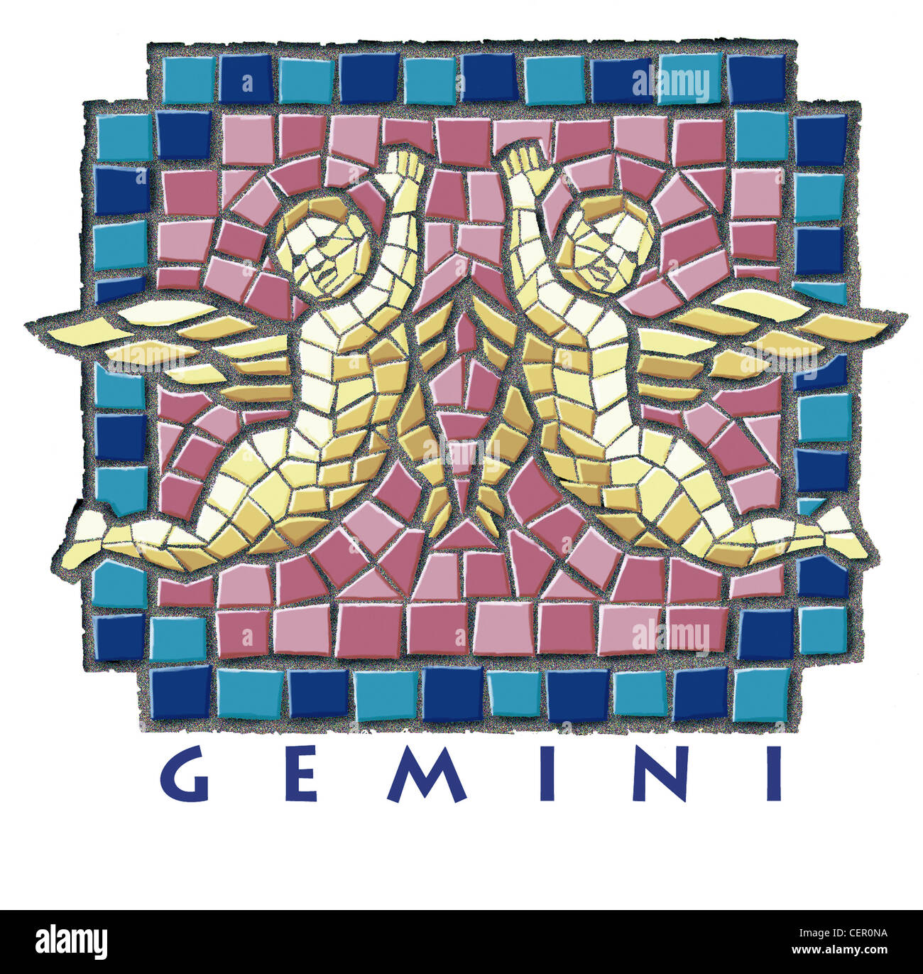 Star sign Gemini Mosaic illustration of golden winged cherub twins ...