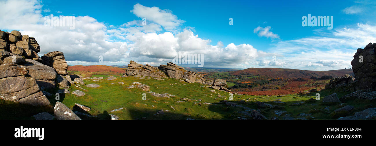 Panoramic view of Bonehill Rocks, a granite outcrop in the Dartmoor ...