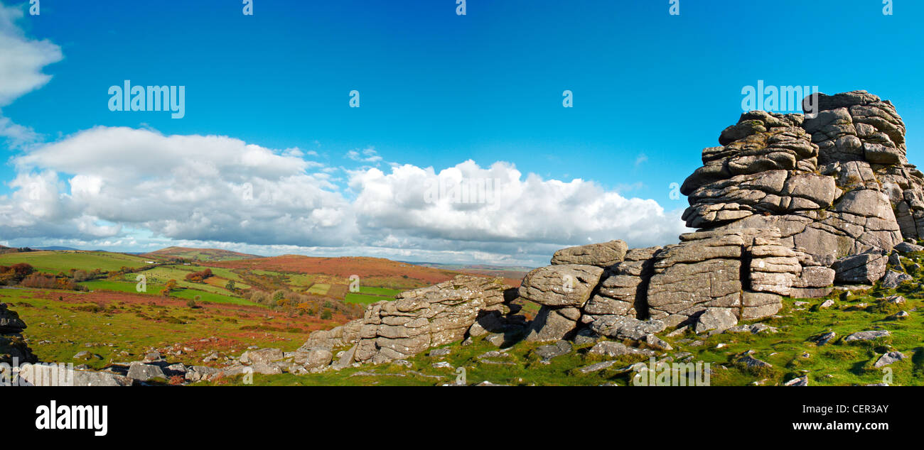 Panoramic view of Bonehill Rocks, a granite outcrop in the Dartmoor ...